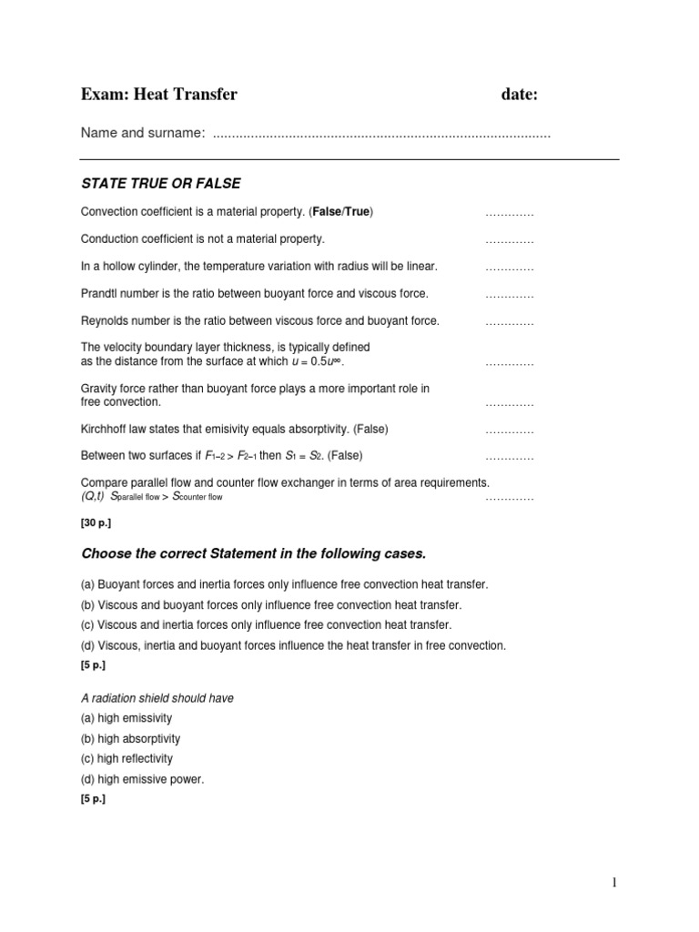 Heat Transfer Exam Questions and Problems | PDF