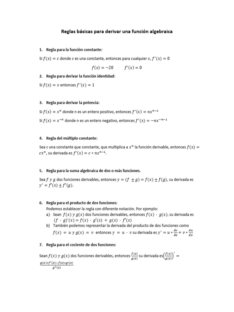 Reglas Básicas para Derivar Una Función Algebraica | PDF | Derivado | Multiplicación