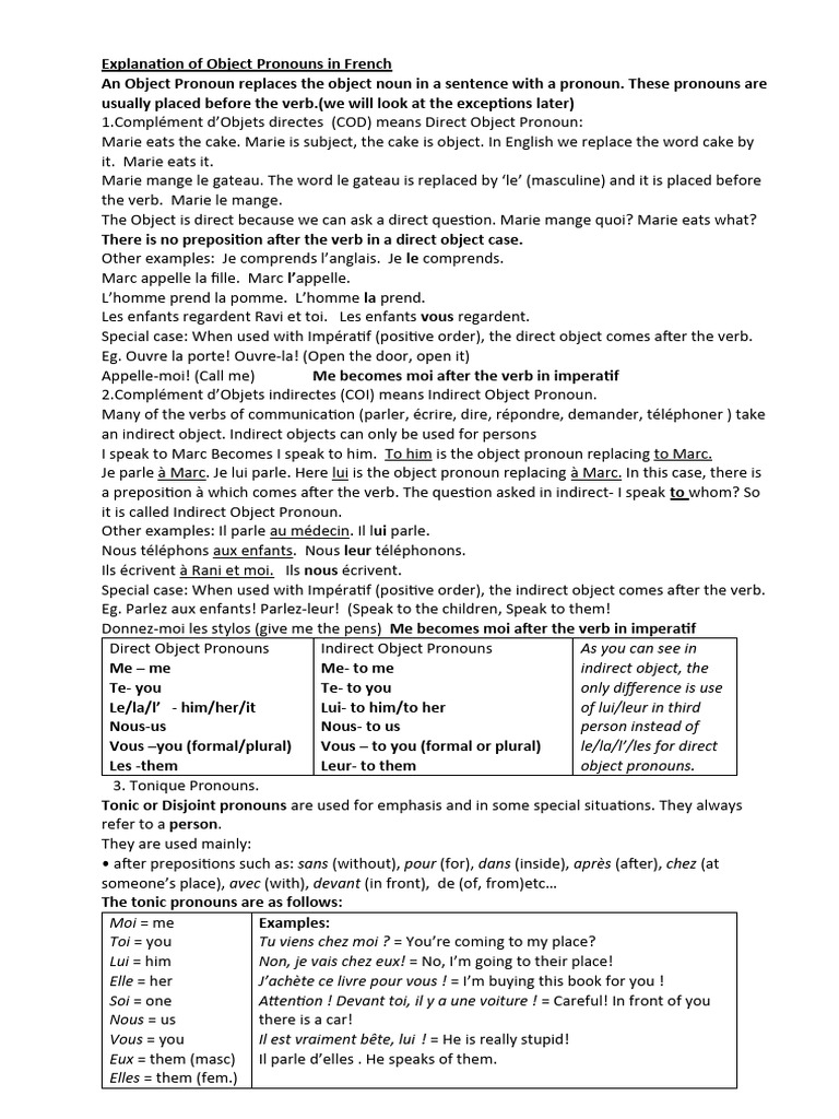 Explanation of Object Pronouns in French | PDF | Object (Grammar) | Verb