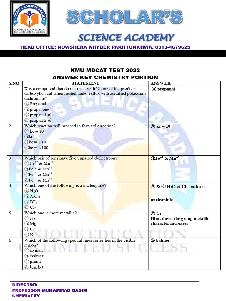 Key Nov Kmu Mdcat 2023 | PDF | Aldehyde | Chemical Bond