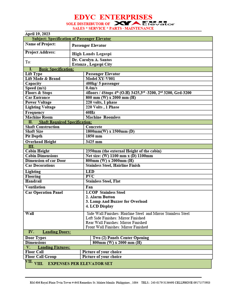 Passenger Elevator Specifications & Costs | PDF | Elevator ...