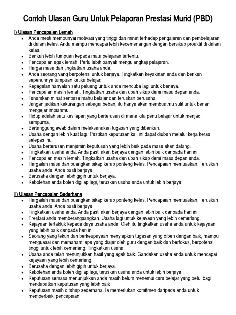 Contoh Ulasan Guru Untuk Pelaporan Prestasi Murid | PDF