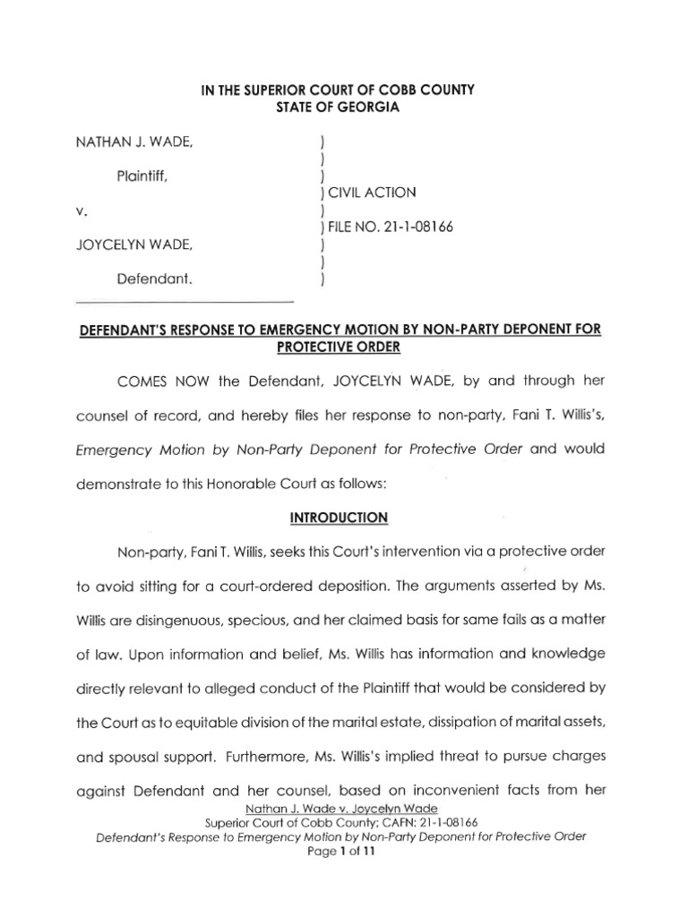 Jocelyn Wade's Response To The Fani Willis Motion To Quash | PDF
