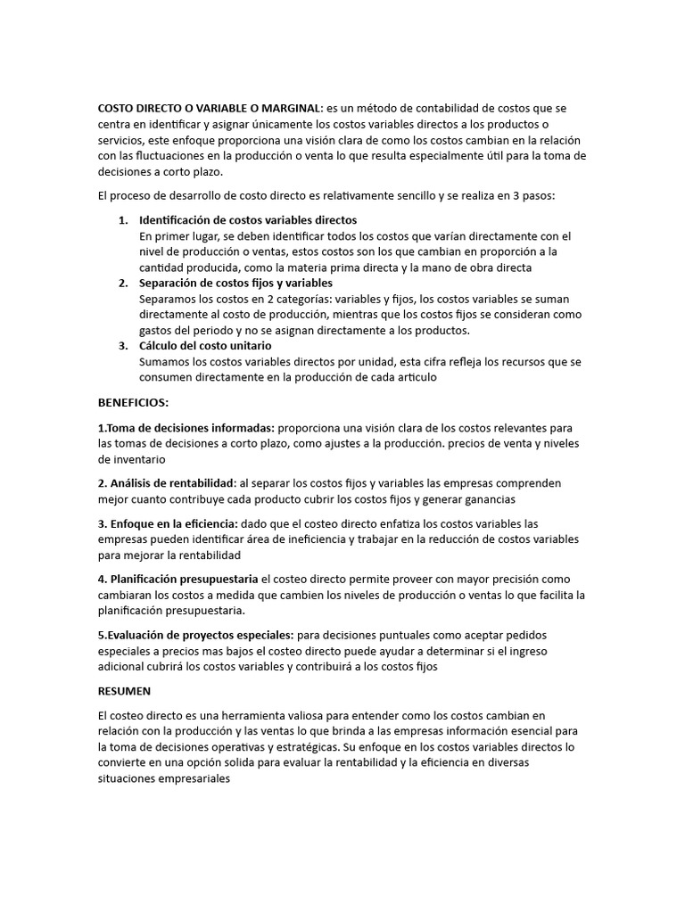 COSTO DIRECTO O VARIABLE O MARGINAL - Conta Gerencial | PDF ...