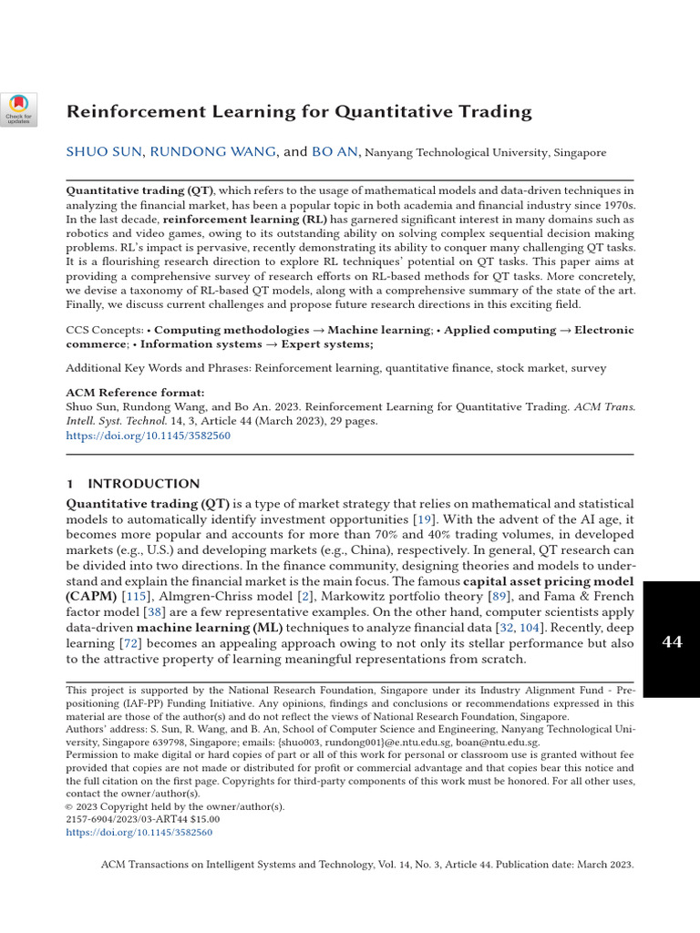 Reinforcement Learning For Quantitative Trading: Shuo Sun Rundong Wang Bo An | PDF | Day Trading ...
