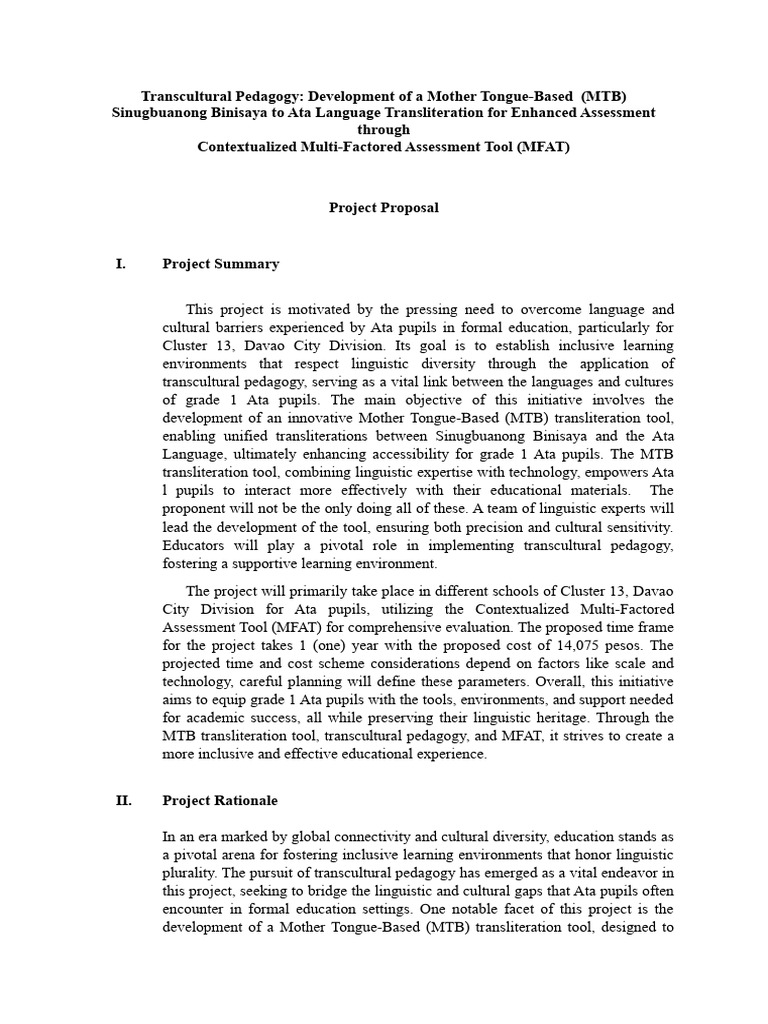 Project Proposal Contextualization ATA Language MFAT 9 | PDF | Pedagogy ...