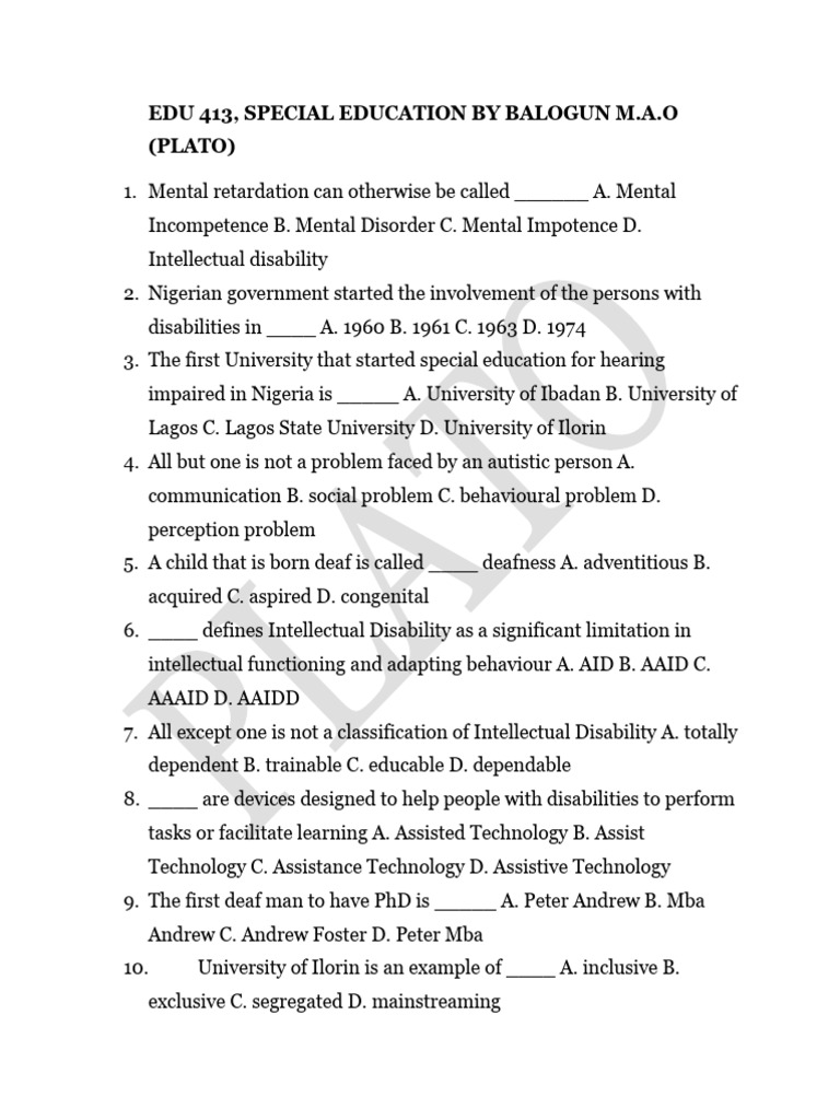 Edu 413 New by Plato | PDF | Intellectual Disability | Visual Impairment