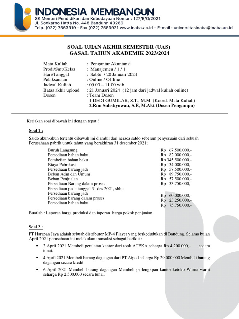 UAS Gasal 2023 - 2024 - UNIV - Peng Akuntansi - Kelas 1 | PDF