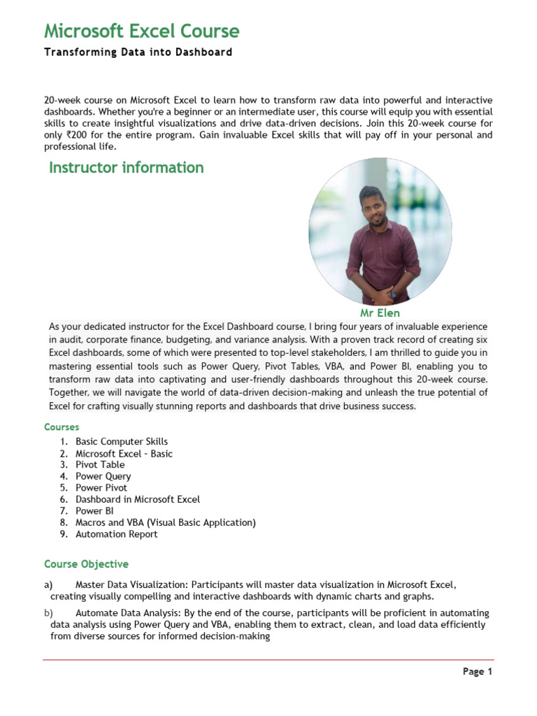 Microsoft Excel Course - India | PDF | Microsoft Excel | Visual Basic ...