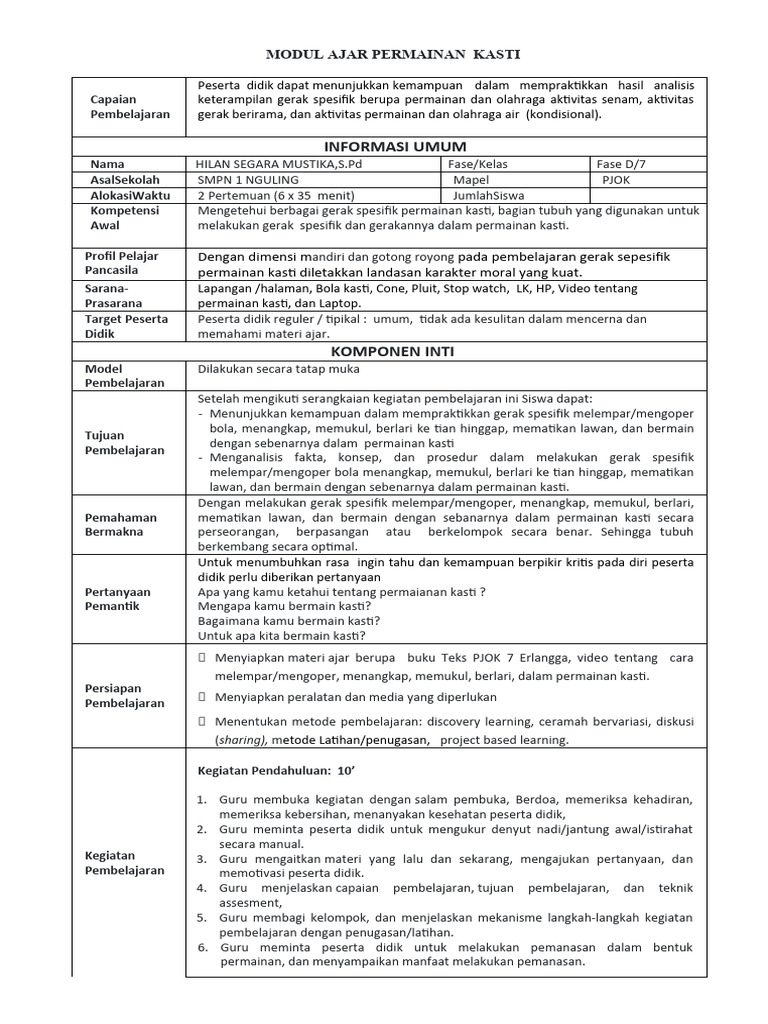 Modul Ajar Permainan Kasti Kelas 7 | PDF