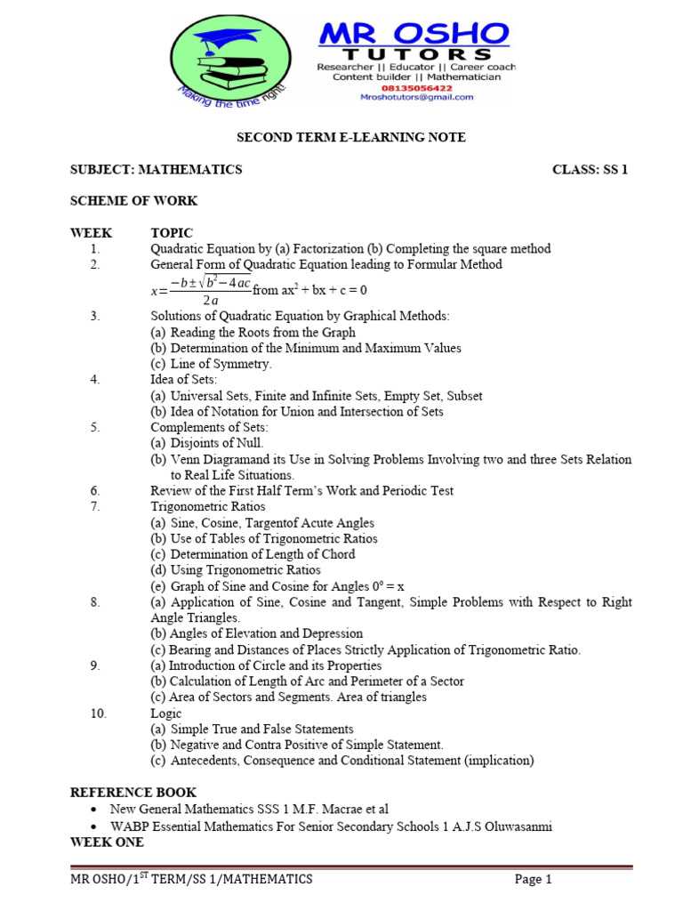 2nd Term S1 Mathematics Pdf Trigonometric Functions Quadratic Equation