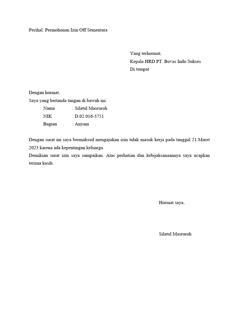 Surat Izin Off Sementara | PDF