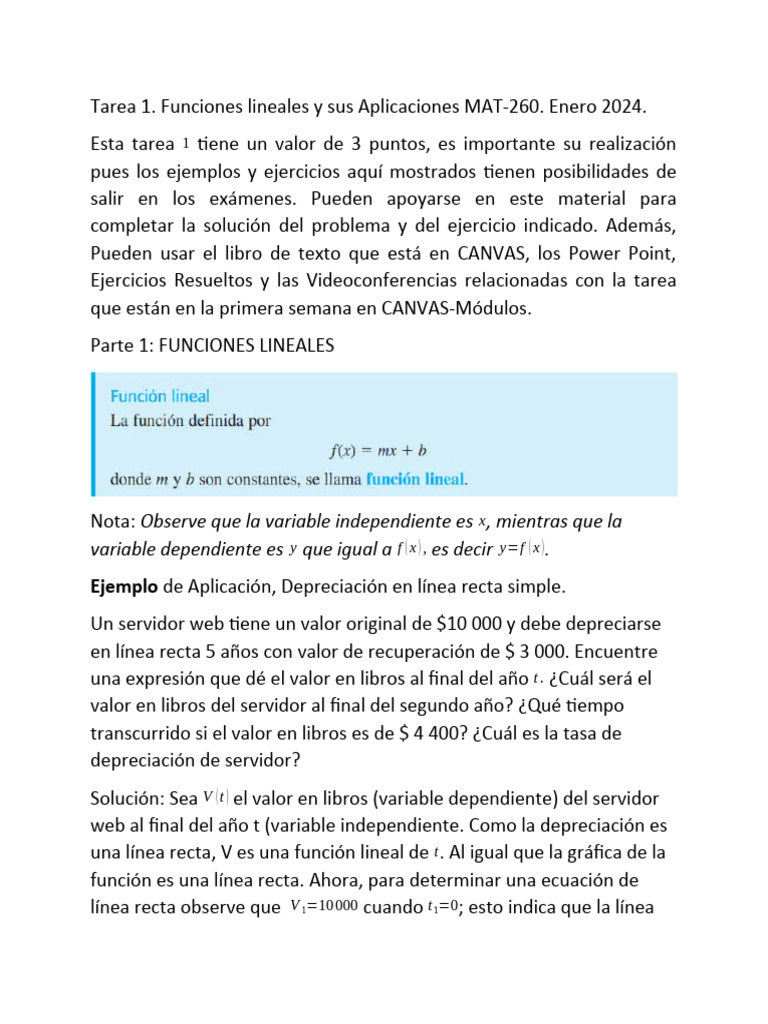 1-Tarea 1. Funciones Lineales y Sus Aplicaciones MAT-260. Enero 2024 | PDF | Variable ...