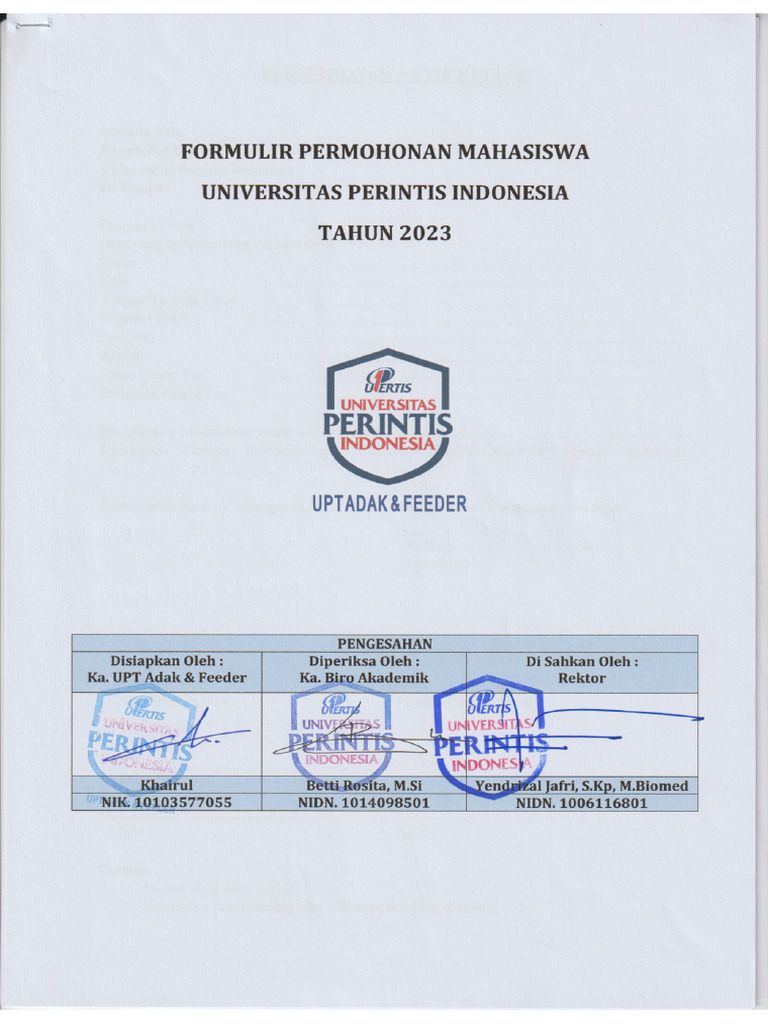 Formulir Permohonan Mahasiswa Upertis | PDF