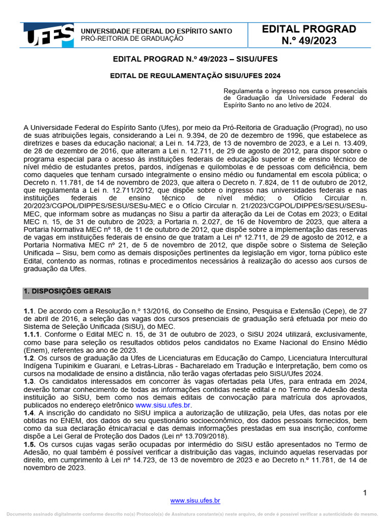 Edital Prograd No 49 2023 - Regulamentacao Sisu 2024 Assinado | PDF Edital Prograd No 49 2023 - Regulamentacao Sisu 2024 Assinado | PDF