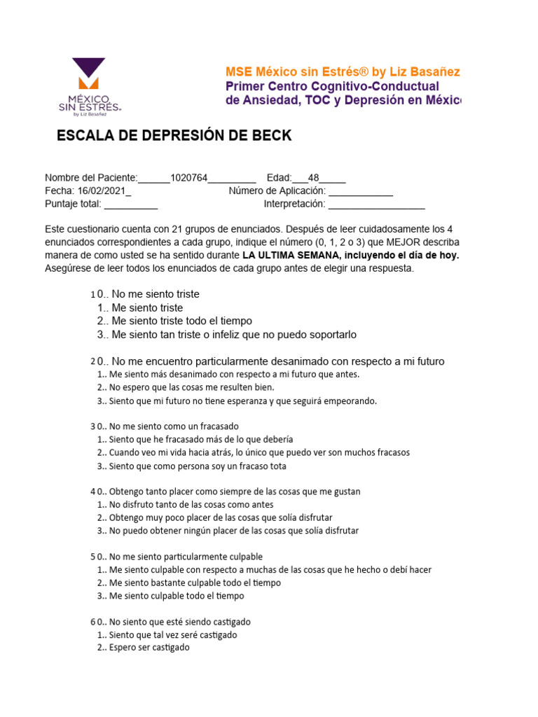 Escala de Depresión de Beck | PDF | Dormir | Sicología