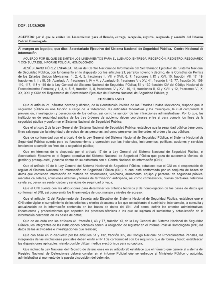 Lineamientos para el llenado, entrega, recepción, registro IPH | PDF | Bases de datos | Policía