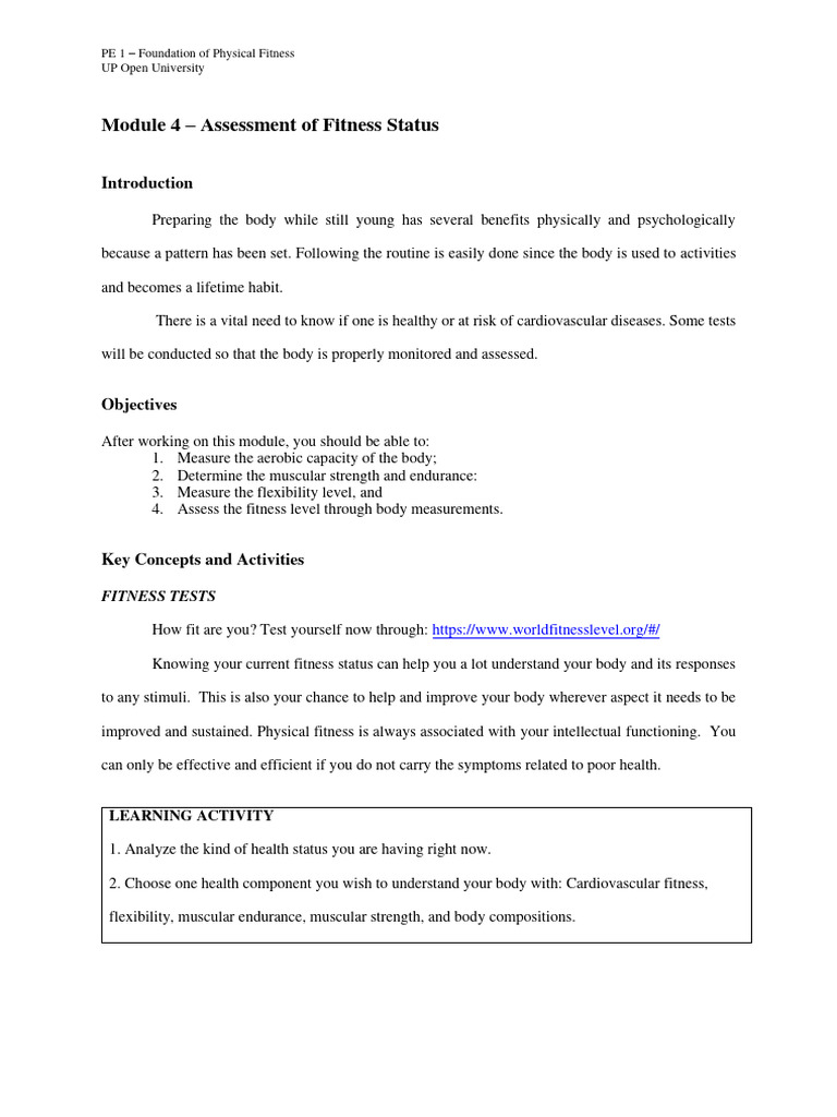Fitness Status Assessment Guide | PDF | Physical Fitness | Body Mass Index