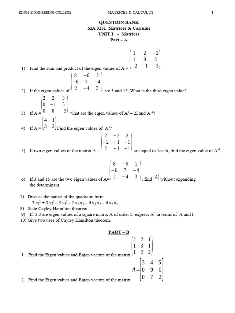 MA3151-Matrices and Calculus Question Bank | PDF | Eigenvalues And Eigenvectors | Matrix ...