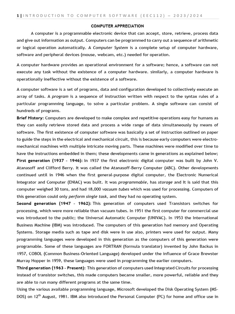 Introduction to Computer Software EEC 112 | PDF | Operating System | Computer Data Storage