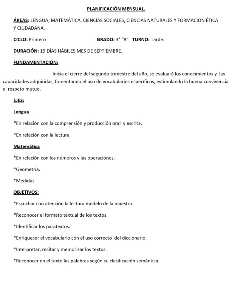 Planificación Septiembre 3°B Primaria | PDF | Maestros | División ...