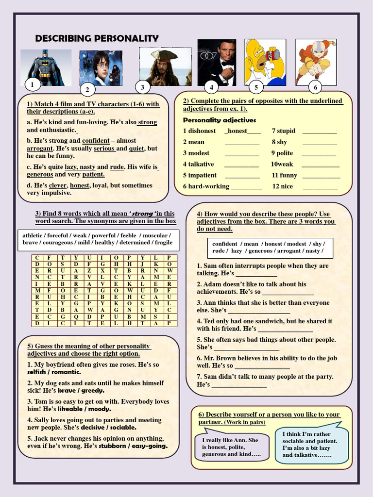 Describing Personality Picture Description Exercises Warmers Coolers | PDF