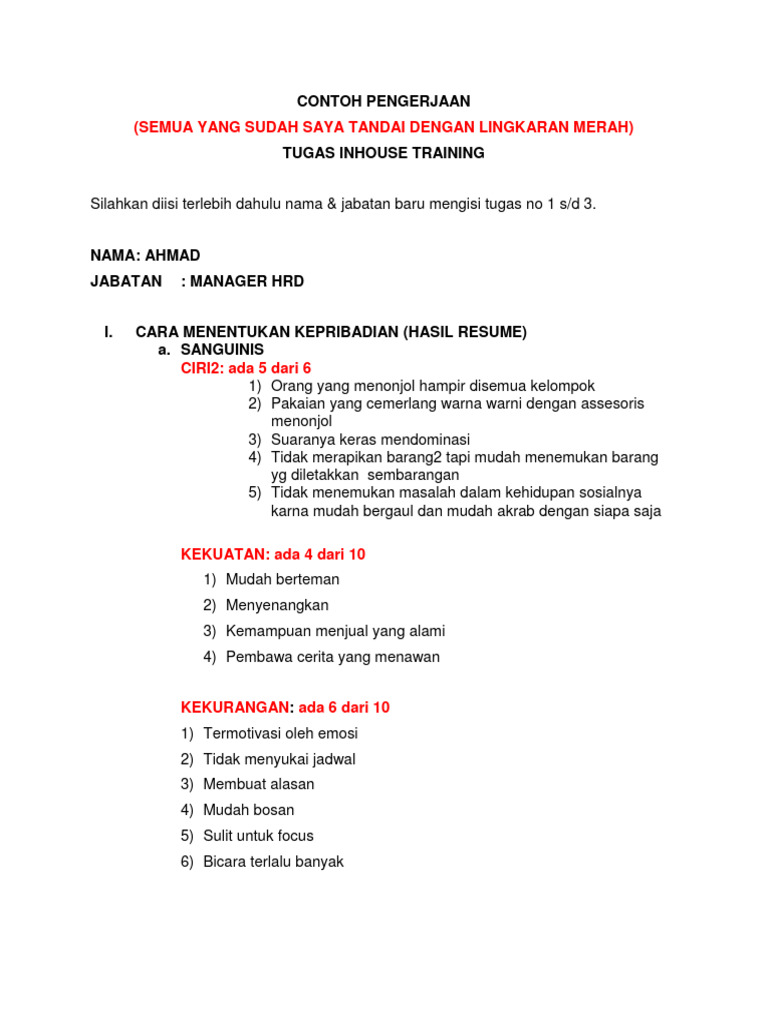Contoh Form Pengerjaan Tugas Inhouse Training | PDF