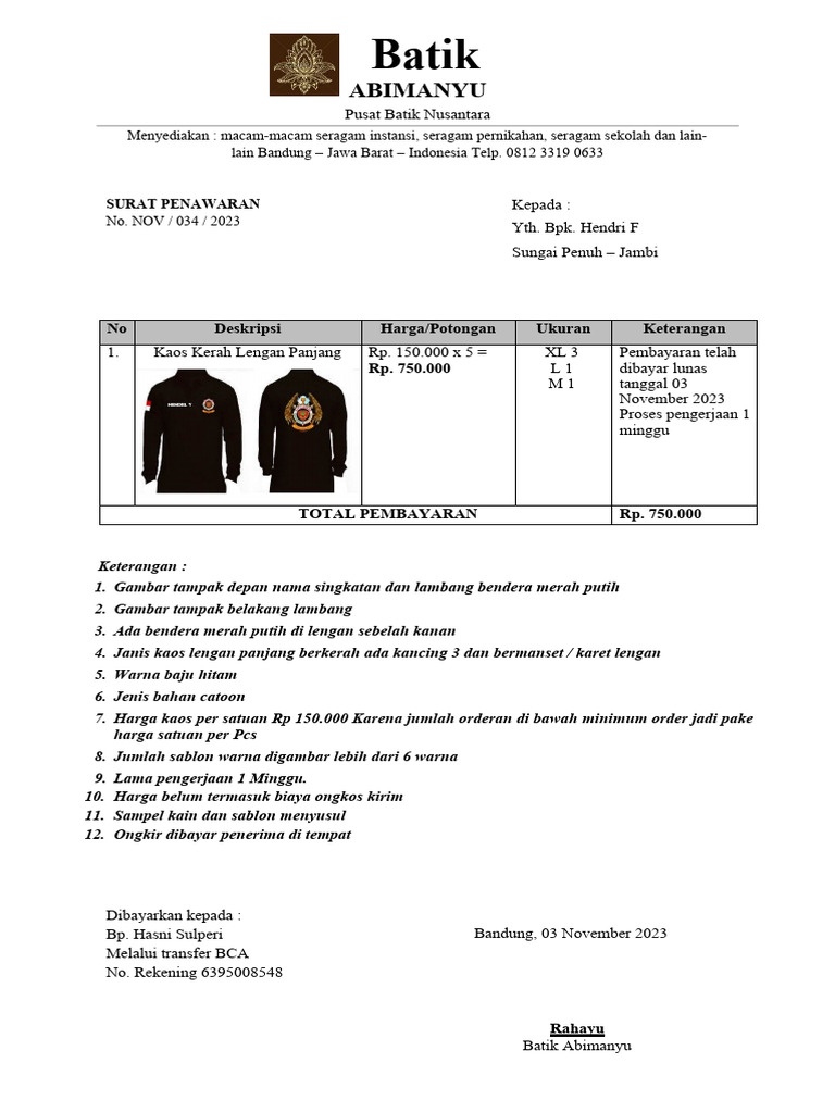 Surat Penawaran Kaos | PDF