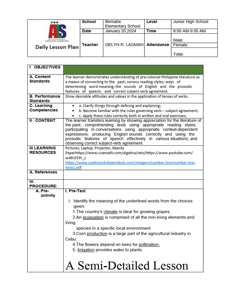 DLL ENGLISH LS1 Subject Verb Agreement | PDF | Language Arts & Discipline