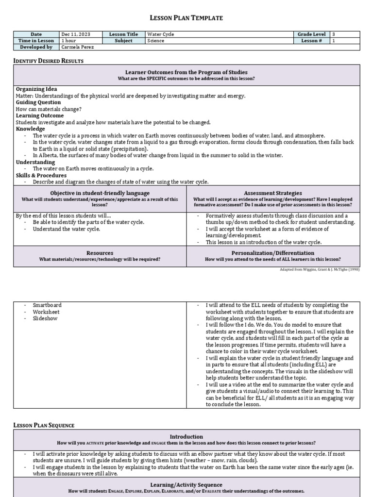 Water Cycle Lesson Plan | PDF | Water | Learning