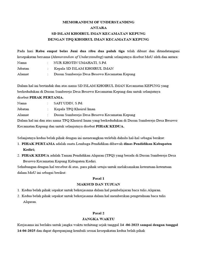 Mou SD Dengan TPQ Fix Banget | PDF