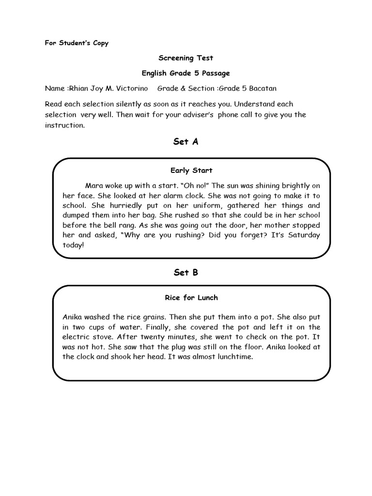 Grade 5 English Screening Test | PDF