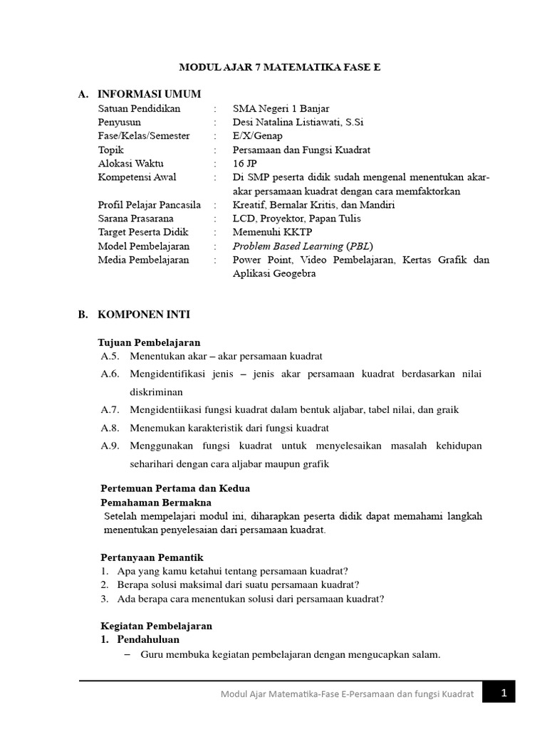 Modul Ajar Matematika - PERSAMAAN DAN FUNGSI KUADRAT - Fase E | PDF