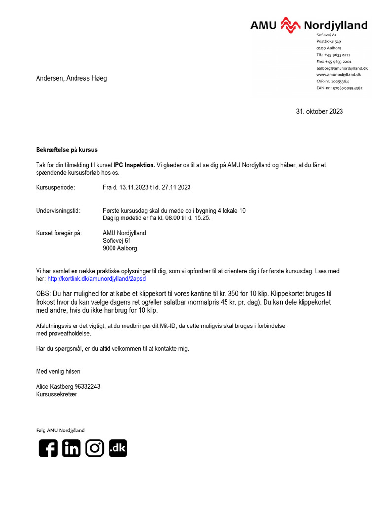 Bekræftelse På Kursus: Følg AMU Nordjylland | PDF