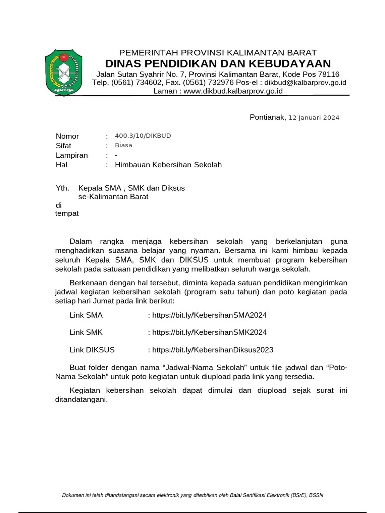 Surat Kebersihan Sekolah | PDF