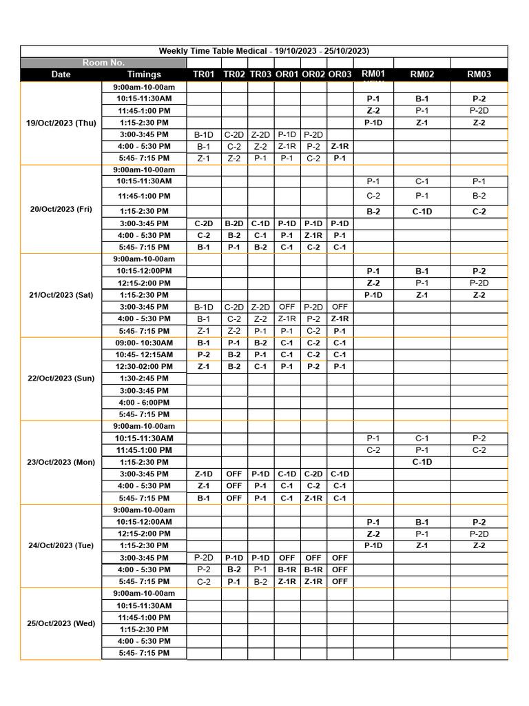 Medical Time Table 19th Oct To 25th Oct 2023 | PDF