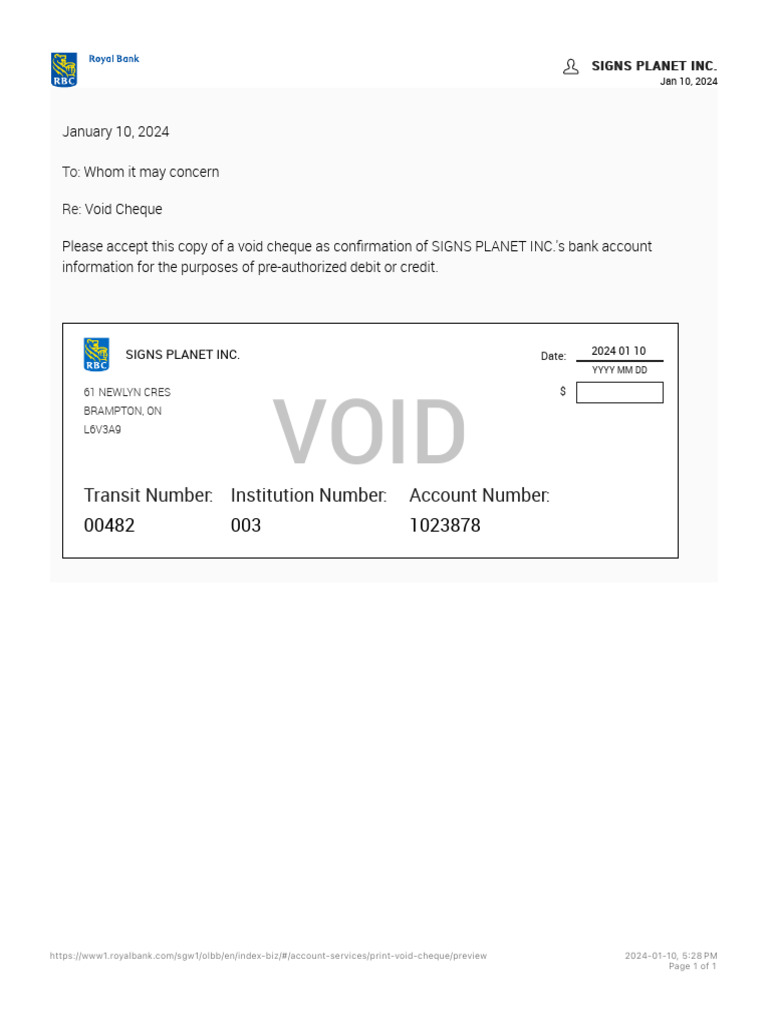 View and Print Void Cheque - RBC Online Banking | PDF