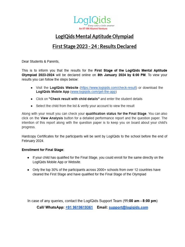 LogIQids Results Declaration Circular | PDF | Career & Growth