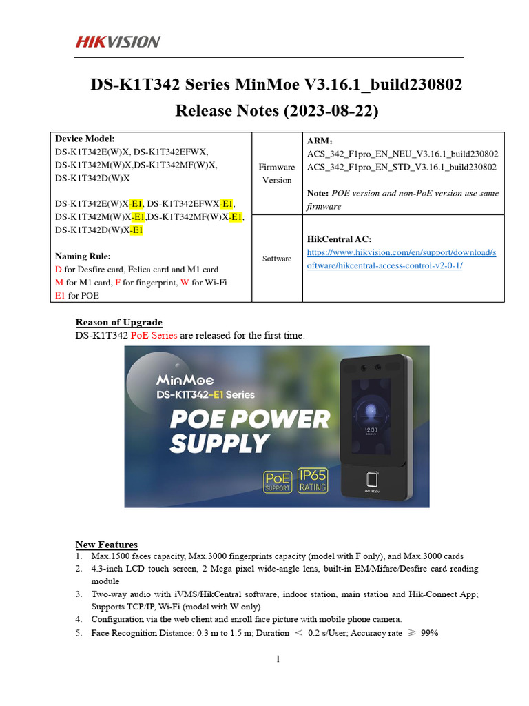 DS-K1T342 Series MinMoe Release Note V3.16.1 - Build230802 | PDF | Wi Fi | Computer Network