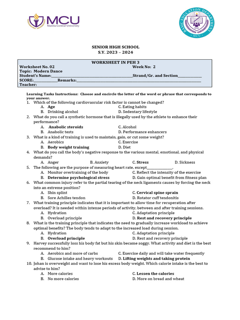 PEH 011 - Worksheet 4 - Aerobic Quiz | PDF | Weight Training | Cancer
