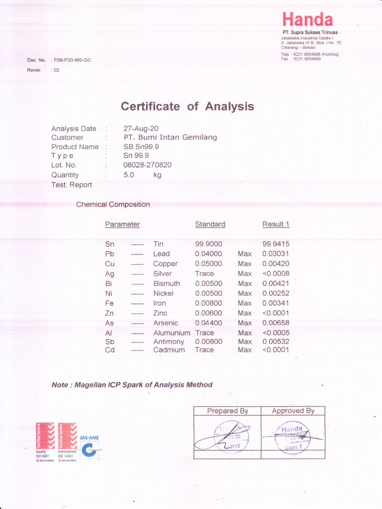 COA Sn99.9 | PDF | Physical Sciences | Transition Metals