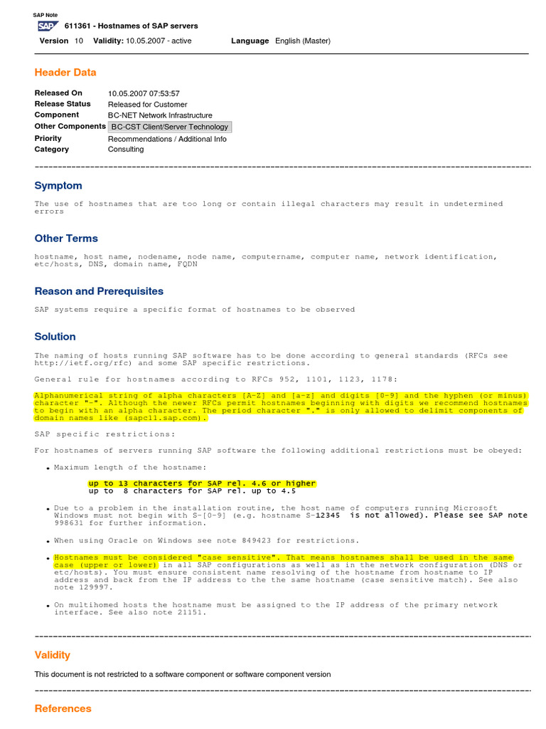 SAP Hostname Configuration Guidelines | PDF