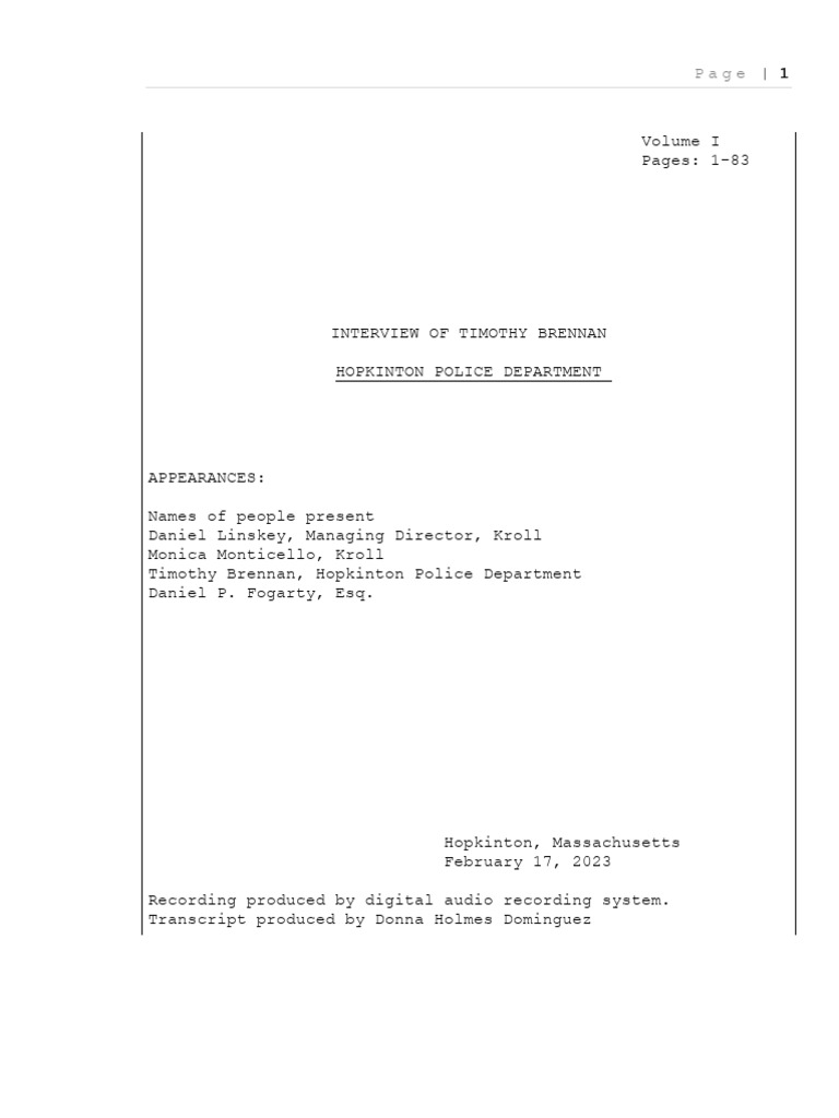 Hopkinton SGT Termination Timothy Brennan Interview 2-17-2377 | PDF