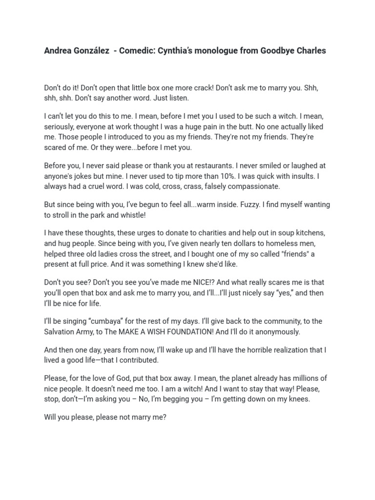Andrea González - Comedic - Cynthia's Monologue From Goodbye Charles | PDF