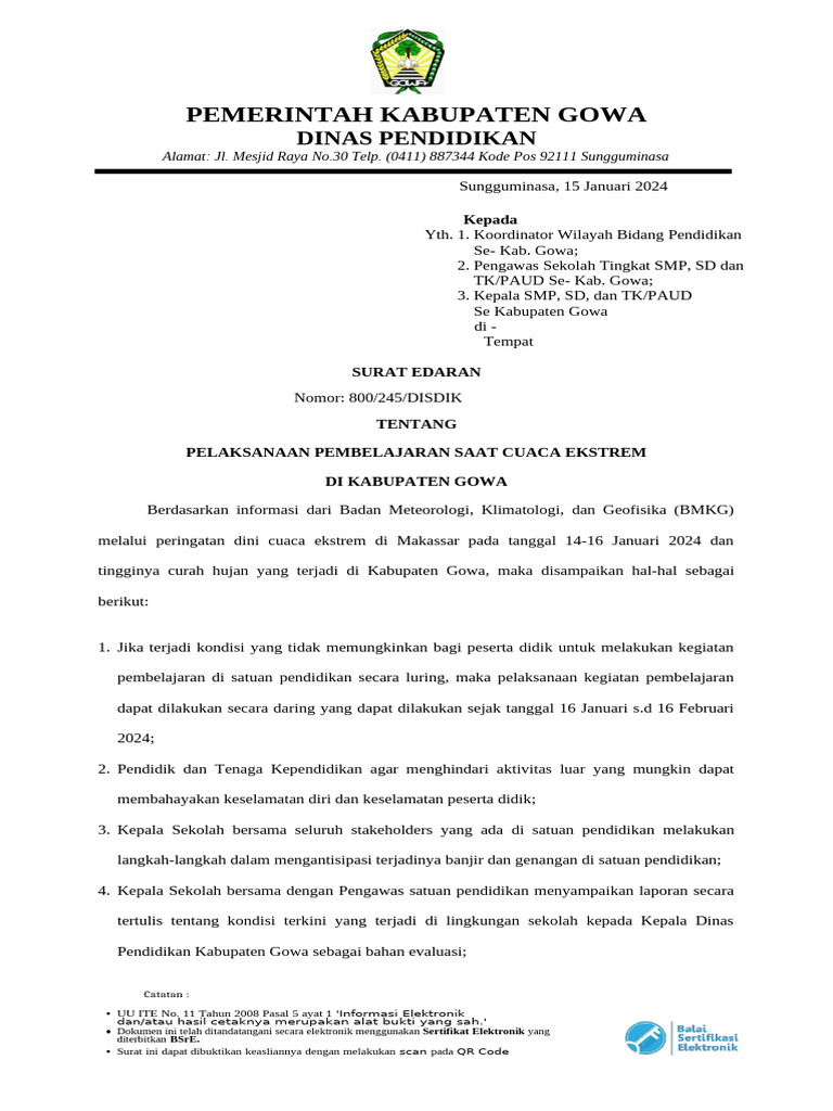 Surat Edaran Pembelajaran Saat Cuaca Ekstrem Di Kabupaten Gowa Pdf
