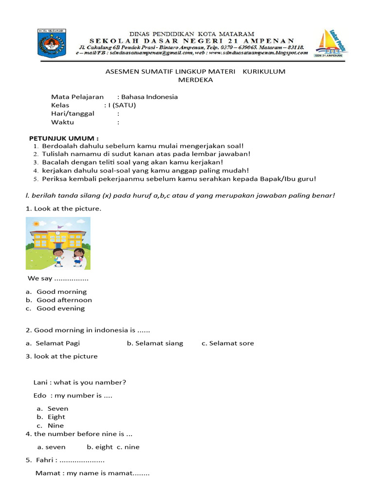 Soal Kelas 1 Semester 1 | PDF