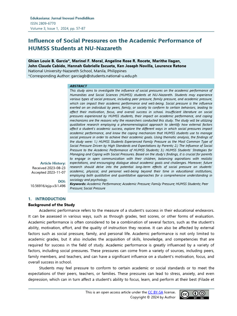 Influence of Social Pressures On The Academic Performance of HUMSS Students at NU-Nazareth | PDF ...