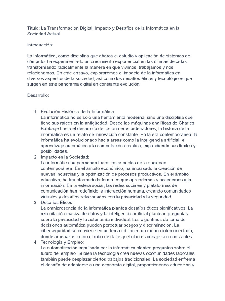 Ensayo sobre la informática | PDF | Ciencias de la Computación ...