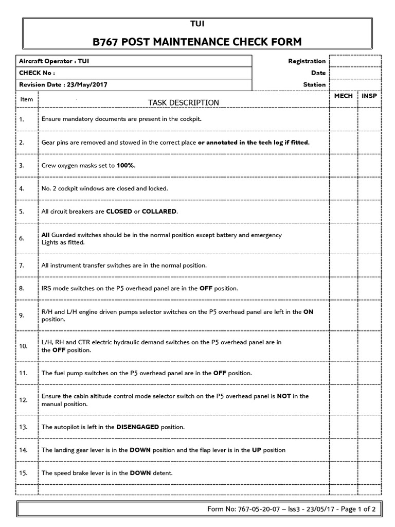 767-05-20-07 POST MAINTENANCE CHECK FORM - Iss3 | PDF | Cockpit | Switch