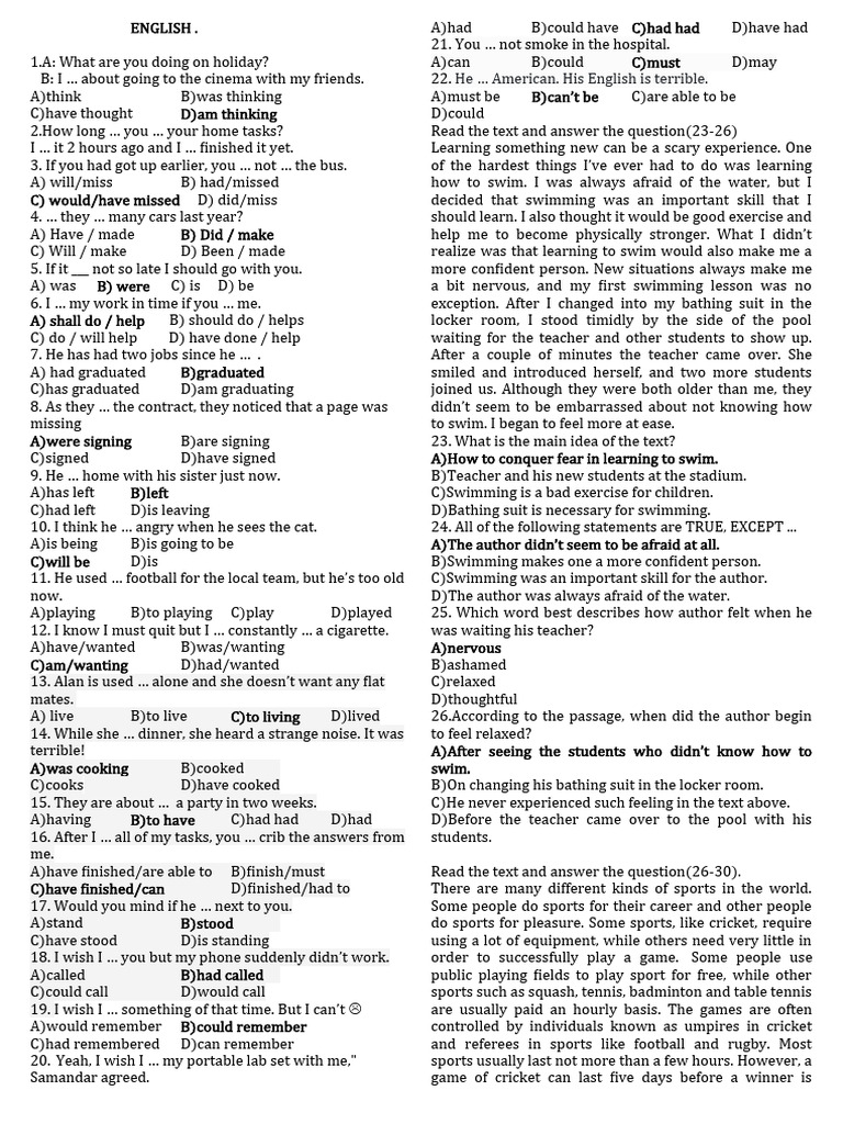 English Test | PDF | Sports